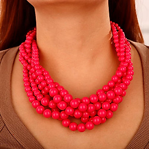 Wiwpar Simulated Pearl Cluster Chunky Pearl Bead Necklace Multi Strand Twisted Pink Pearl Statement Bib Collar Necklace Jewelry Pearl Necklace and Earring Set for Girls Prom (pink)