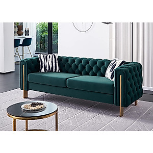 Kakotito Tufted Sofa Couch, 84 Inches Long Upholstered Sofa with 2 Pillows,High Arm and Strong Metal Legs, Couches for Living Room, Office, and Bedroom (Button Tufted, Green)