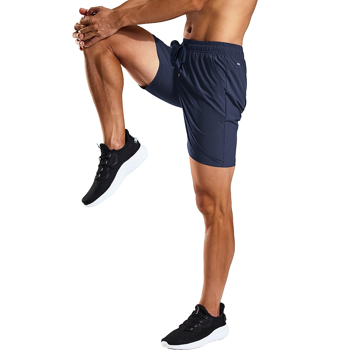 MIER Men's 7 Inch Dry Fit Athletic Running Shorts with Zipper Pockets - No Liner Workout Gym Active Shorts, Navy Blue, M