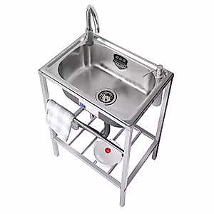 Stainless Steel Utility Sink Single Bowl, Outdoor Garden Sink Freestanding Commercial Restaurant Kitchen Prep Cleaning Station Sink with Faucet, for Kitchen, Laundry Tub, Room, Garage (Color : Hot co