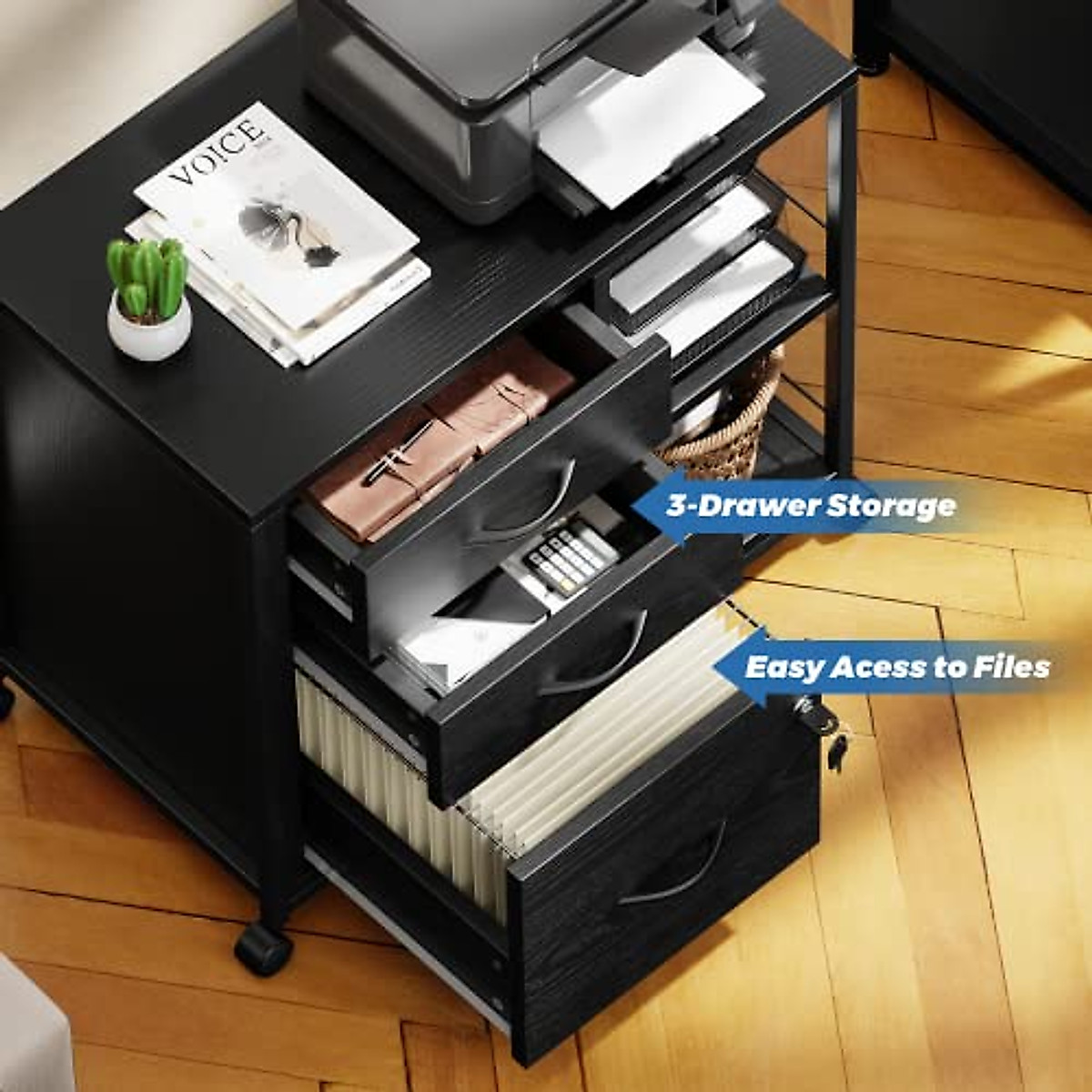 Himusi File Cabinet, Filing Cabinets for Home Office with Lock and USB Charging Port, 3 Drawer Wood File Cabinets for A4/Letter Size, Printer Stand with Storage