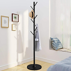 Tenkovic Metal Coat Rack Freestanding Satin Steel With Stable Marble Base,High-Grade With 8 Hooks Metal Coat Hat,Hall Tree for Hanging Clothes, Bags, Hats, Bedroom(Black)