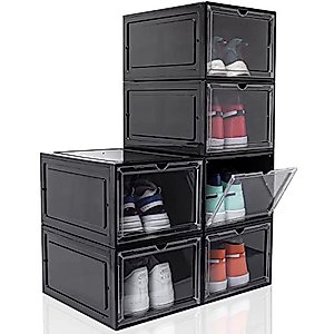 YOLOPARK Drop Front Shoe boxes Clear Plastic Stackable 6 Pack Sneaker Display Case with Magnetic Door Shoe Containers for Closet with Lids, Shoe Storage Boxes Fit Size Up to US 12.5