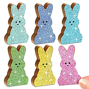 Marsui 6 Pcs Easter Bunny Wood Signs Glitter Bunny Table Wooden Decor Colorful Bunny Tiered Tray Decor Spring Rabbit Tabletop Centerpieces for Easter Party Desk Shelf Home Farmhouse Table Decorations