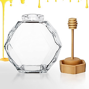 Bfttlity Honey Pot Jar Hexagon Shape Honey Pot Container 380ml Glass Honey Jar with Dipper and Lid Cover for Home Kitchen (Wooden lid)