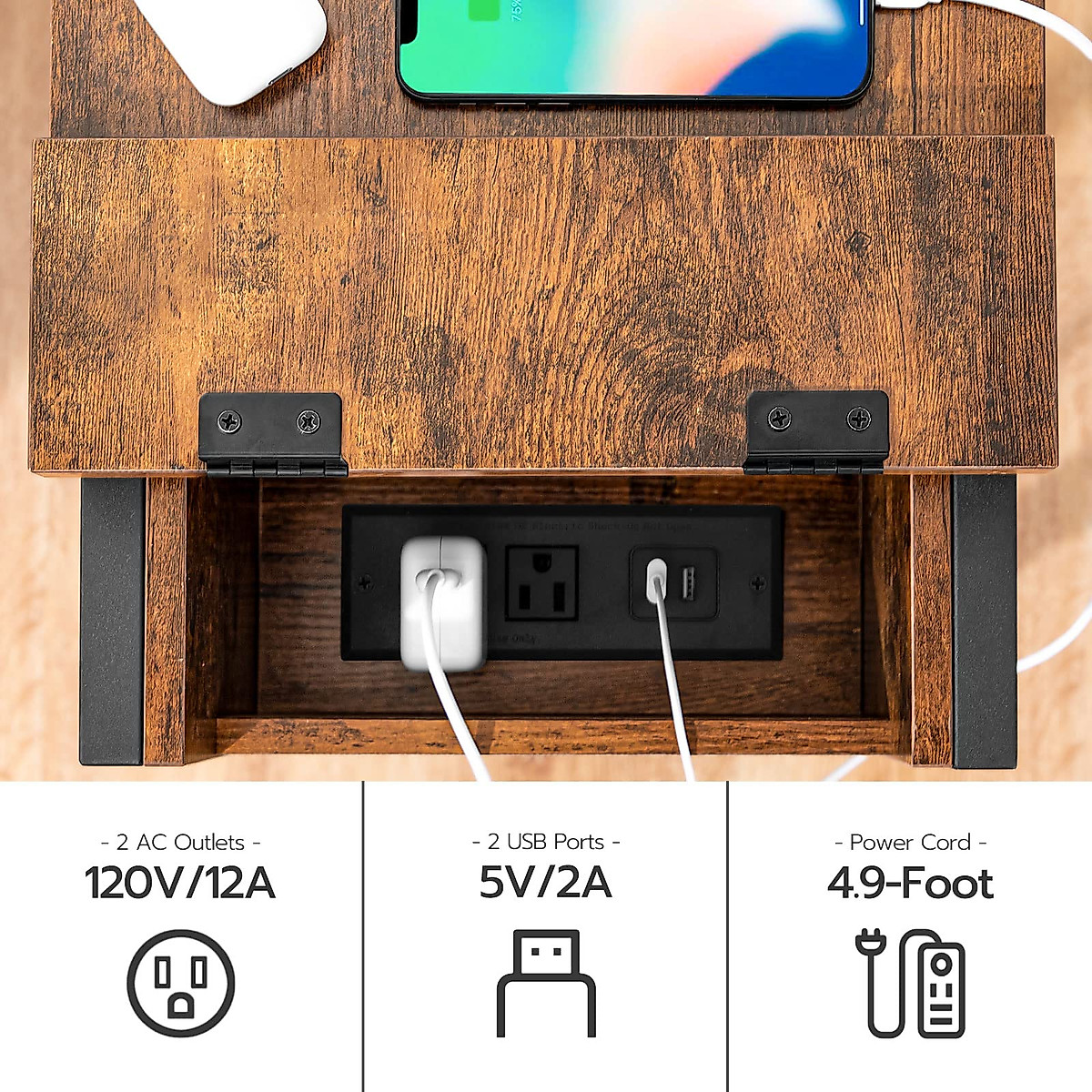 HOOBRO End Table with Charging Station, Set of 2 Narrow Side Table, Small Nightstand, Bedside Table with Drawer and Storage Shelves, for Small Spaces, Rustic Brown and Black BF041BZP201