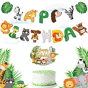 2 Pieces Safari Animals Happy Birthday Banner Cupcake Topper Jungle Theme Birthday Supplies, Safari Birthday Decorations Safari Baby Shower Decorations for Two Wild Theme Party Birthday Party Supplies