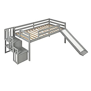 HABUHOME Loft Bed with Staircase, Storage, Slide, Twin Size, Full-Length Safety Guardrails, No Box Spring Needed, Grey