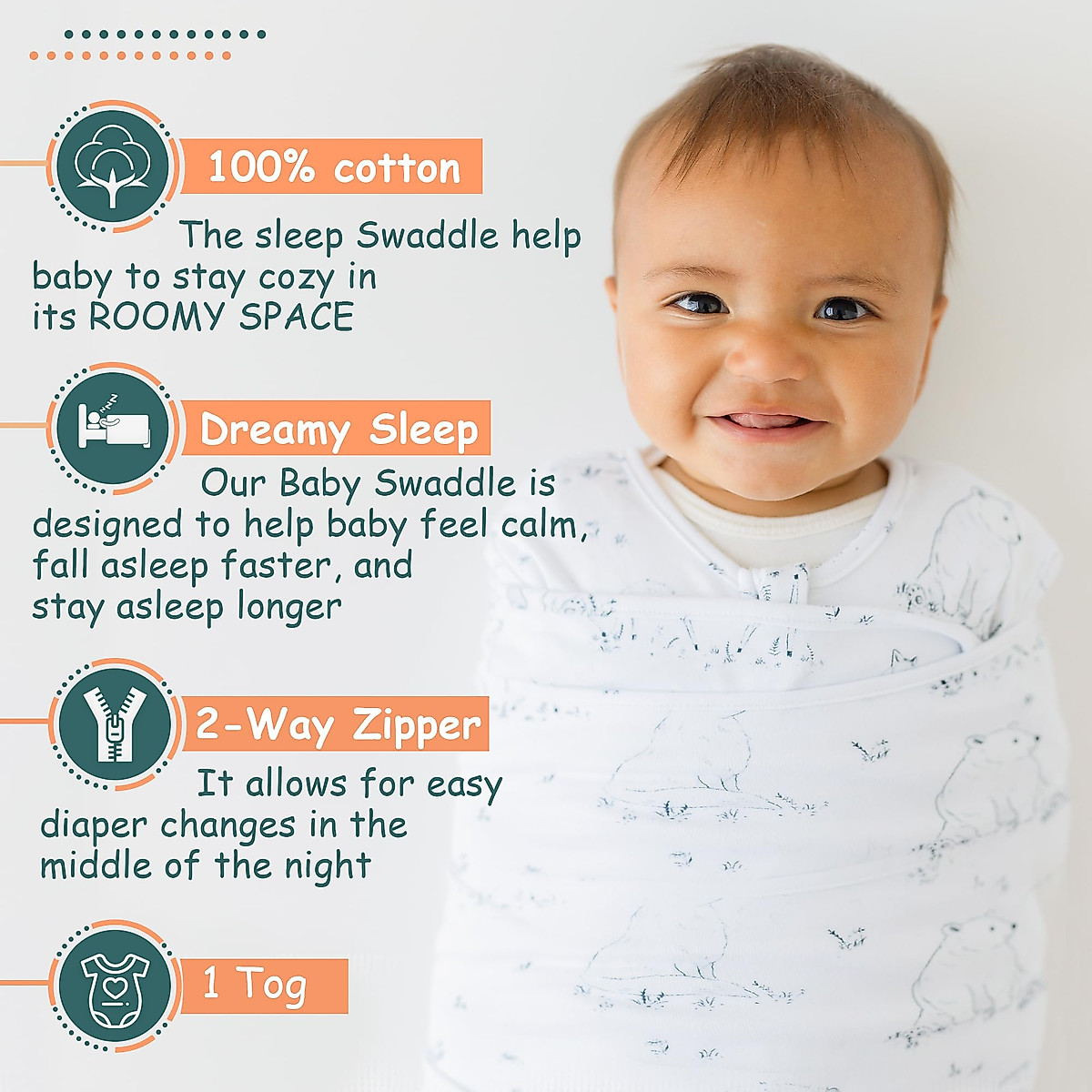 Bird + Bear Kids 1.0 TOG Baby Swaddle Sack with 2 Way Zippers & Velcro - Baby Swaddle 3-6 Months – 100% Organic Cotton for Your Newborns - Woodland Animals