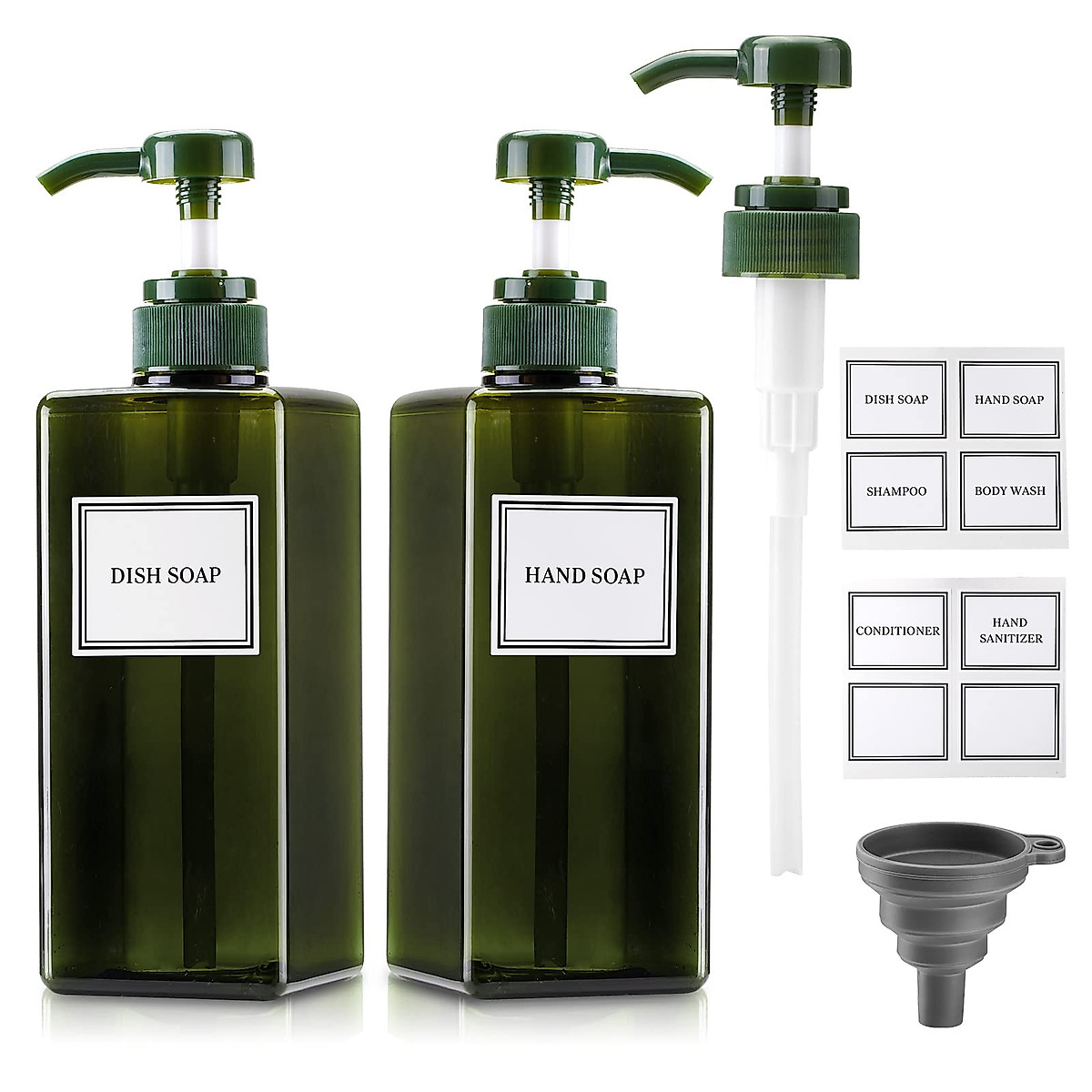22oz Soap Dispenser for Bathroom, INSFIT Refillable Plastic Pump Bottles, Dish Soap Dispenser for Kitchen Sink, Hand Soap Dispenser, Laundry Detergent Dispenser with Waterproof Labels, 2 Pack Green