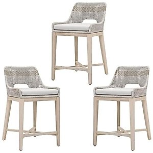 Home Square 3 Piece Upholstered Patio Counter Stool Set in Taupe and White