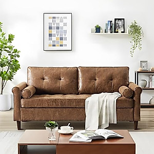 JEEOHEY Small Couch, 60 Inch Mid-Century Modern Faux Leather Upholstered Loveseat Sofa Furniture for Small Space, Living Room, Bedroom, 2 Throw Pillows, Rolled Arm, Back Cushion, Brown