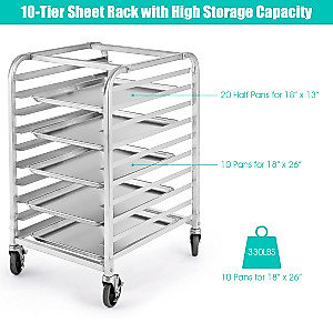 PETSITE 10 Tier Sheet Pan Rack, Commercial Aluminum Full & Half Bun Pan Bakery Rack with Brake Wheels for Restaurant Home Kitchen…