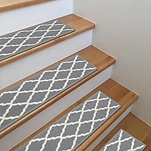 Machine Washable Moroccan Trellis Design Non-Slip Rubberback 8.5" x 26" Traditional Indoor Stair Treads for Wooden Stairs, 14 Pack, Gray