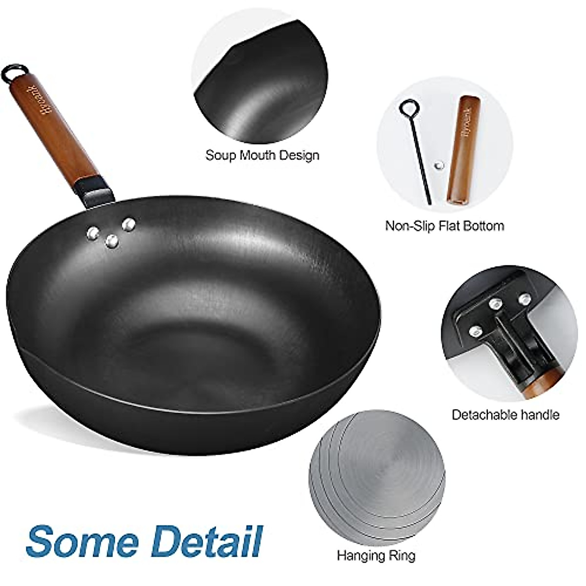 Hyoank Wok Pan, 12.5'' Flat Bottom Iron Woks, Woks and Stir Fry Pans with Lid, Carbon Steel Wok Suits for all Stoves
