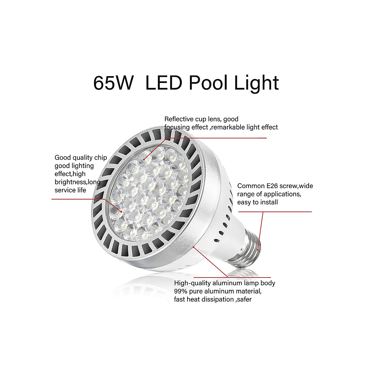 Broadroad LED Pool Light Bulb 120V 65W Daylight White 6000K Swimming Pool 6000LM Pool Light Bulb Replacement for Most Pentair Hayward Light Fixtures (Pool 65W)