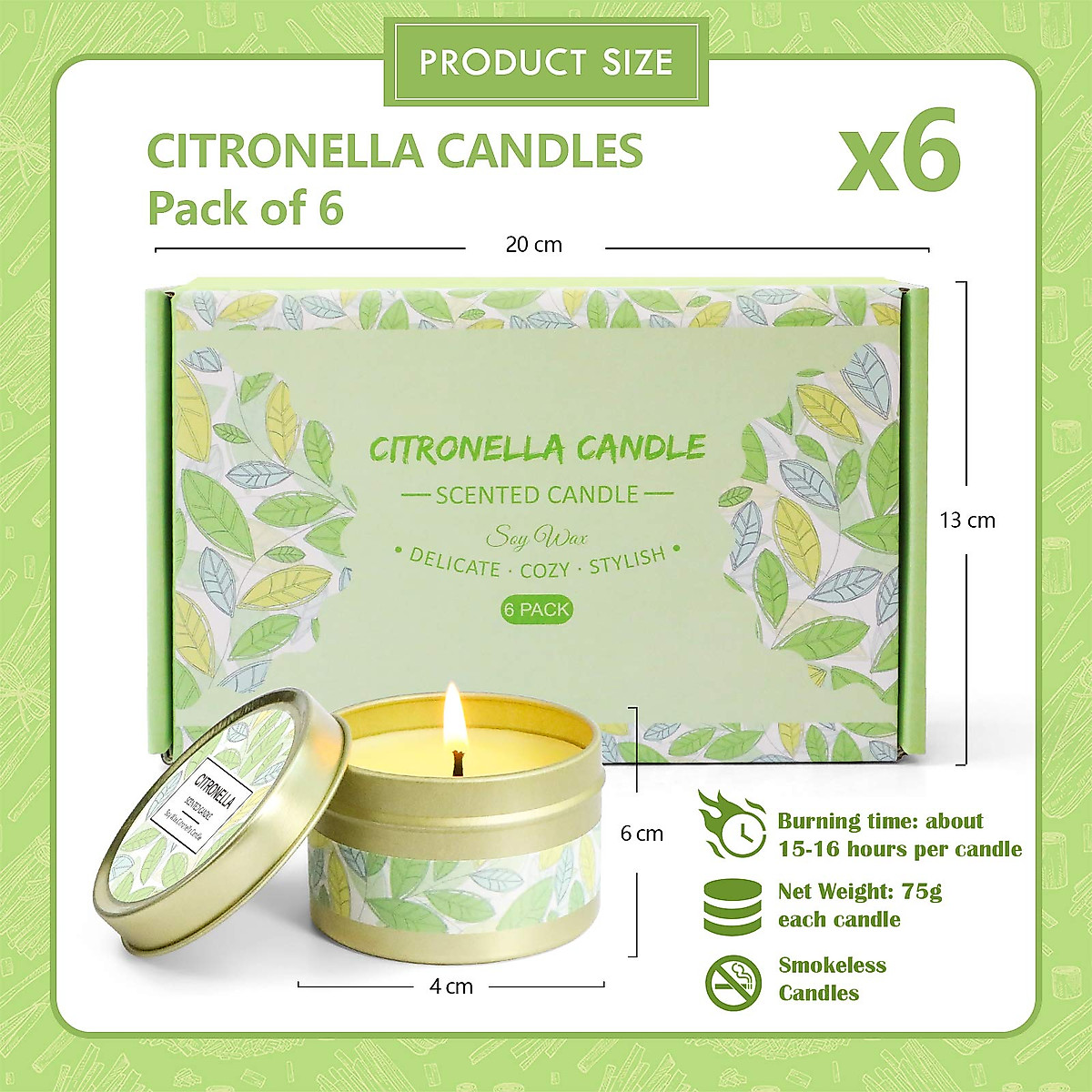 STRN Citronella Candles Outdoor, Scented Candles, Summer Soy Wax Candles, Lemongrass Candles for Outdoor&Indoor, Travel Tin Candles Set for Garden and Camping (6 Packs)