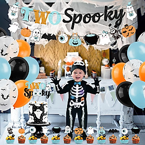 K KUMEED Halloween 2nd Birthday Party Decorations,Blue Two Spooky Themed Banner,Cute Ghost Eyeballs Hat Cake Topper and Latex Balloons for Halloween 2 Year Old Boys Party Favor Supplies