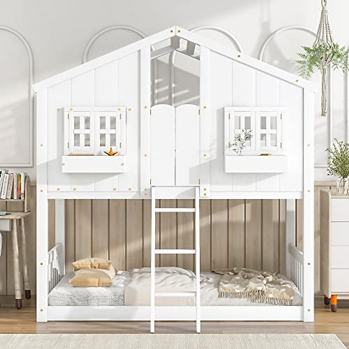 ERYE Twin Over Twin House Bunk Bed with Roof,Window, Window Box and Window Door,Twin Size Wooden Bunk Bed with Safety Guardrails and Ladder for Kids Children Teens Boys and Girls,White