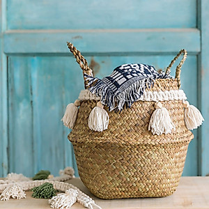 BlueMake 2 Pack Macrame Woven Tassel Garland Belly Basket Decorative Wall Hangings for Boho Home Decor,Nursey Room (Ivory)