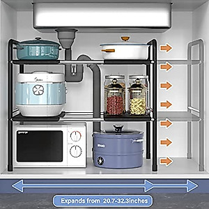 POJORY Under Sink Organizers, 2 Tier Expandable Cabinet Shelf Organizer with 8 Detachable Panels for Under Kitchen Bathroom Storage, Multi-Use Under Sink Organizers and Storage,Black