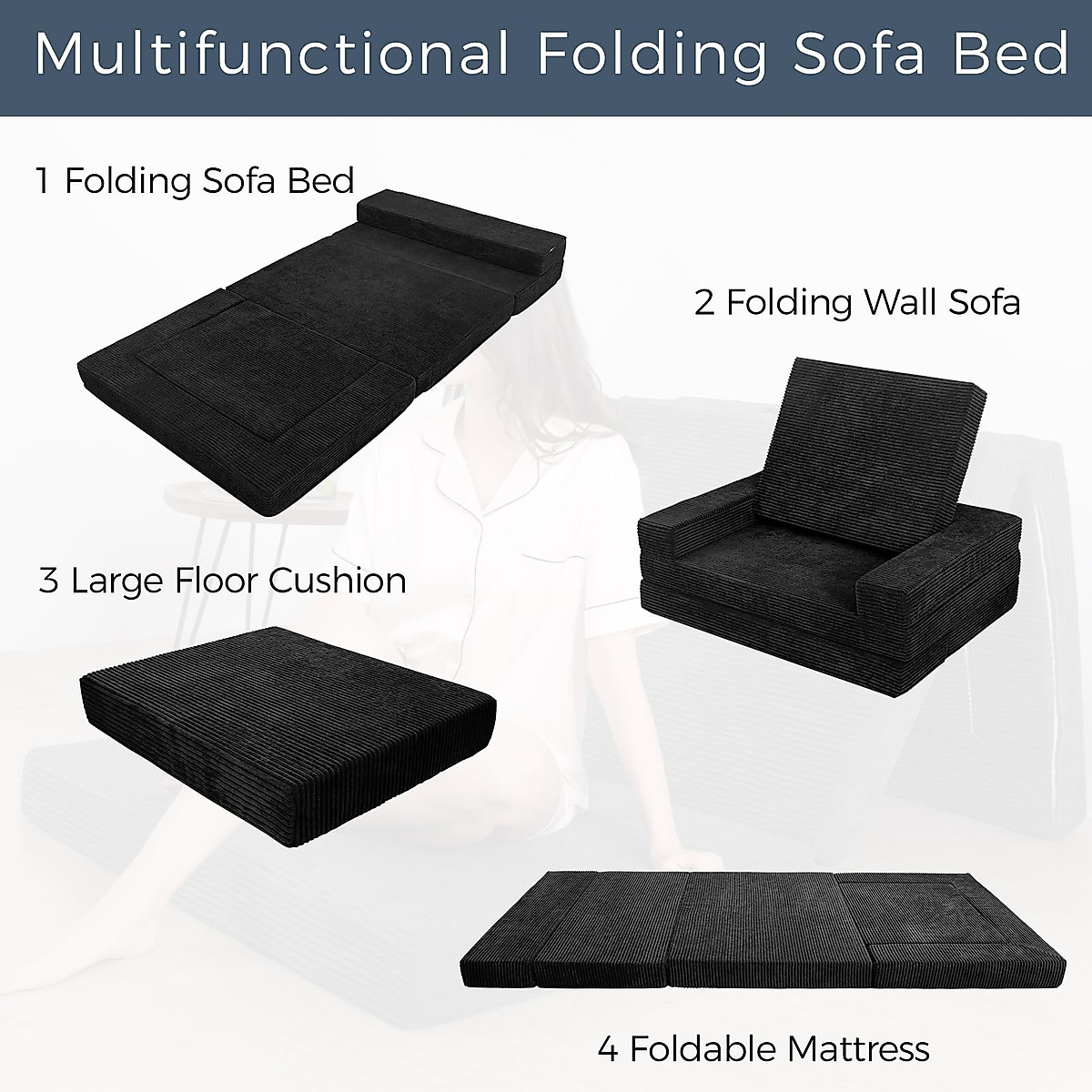 MAXYOYO Folding Sofa Bed, Portable Chair Bed Floor Mattress, Foldable Sleeper Sofa Floor Couch Futon Mattress for Guest Room, Camping, Road Trip, Black, Full, 83x54 Inch