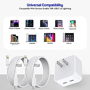 10FT iPhone Charger Fast Charging,40W USB C Fast Charger iPhone[Apple MFI Certified]2Pack 10foot TypeC to Lightning Cable Dual Port Apple Fast Charger Power Adapter for iPhone14/13/12/11/XS/XR/SE/iPad