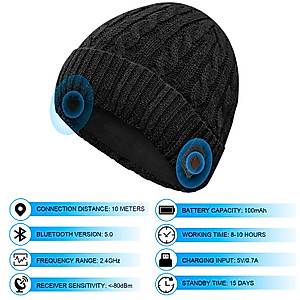 (3 in 1) Bluetooth 5.0 Music Beanie Set, Cuffed Winter Hat + Touchscreen Gloves + Neck Gaiter Scarf, Xmas Birthday Gift for Men Women Teenagers, Black