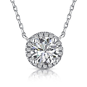 Ambica New York Solid 925 Sterling Silver Cubic Zirconia Solitaire Necklace - Faux Diamond Round Solitaire Halo Necklace – CZ Diamond Pendant Necklace- Minimalist Dainty Necklace for Women