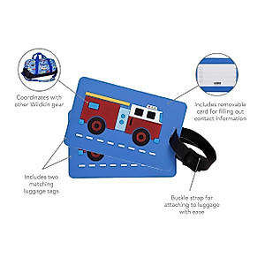 Wildkin Kids Rolling Luggage Bundle with 2 Matching Bag Tags (Fire Truck)