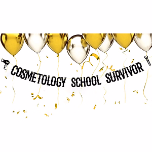 Glitter Black Cosmetology School Survivor Banner, Class Of 2024 Grad Cap Cake Supplies,Congratulations Finally Done 2024 Graduate Party Decoration