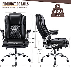 High Back Office Chair with Flip-up Armrests - Lifting Headrest, Built-in Adjustable Lumbar Support, Comfortable Home Office Chair, Executive Office Chair, Ergonomic Design, Sturdy Metal Base