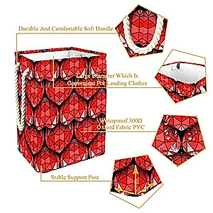 Waterproof Laundry Basket Large Collapsible Laundry Hamper With Handle 4 Detachable Rod, Red 3D Geometric Hearts Love Pattern Bedroom Storage Bin For Clothes, Toys