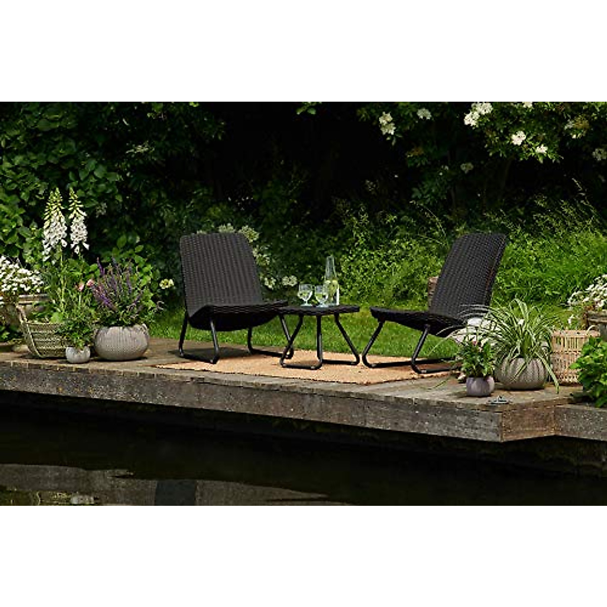 Keter Resin Wicker Patio Furniture Set with Side Table and Outdoor Chairs, Dark Grey