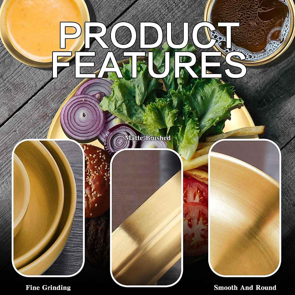 8 Pcs Stainless Steel Dinnerware Sets, Gold Dish Set, 6.6‘’Thickened Dinner Plates, 16.9 OZ Soup Bowls, 3.5 OZ Sauce Dish & Metal Cups, Stackable Dishware for Kitchen BBQ Party Picnic