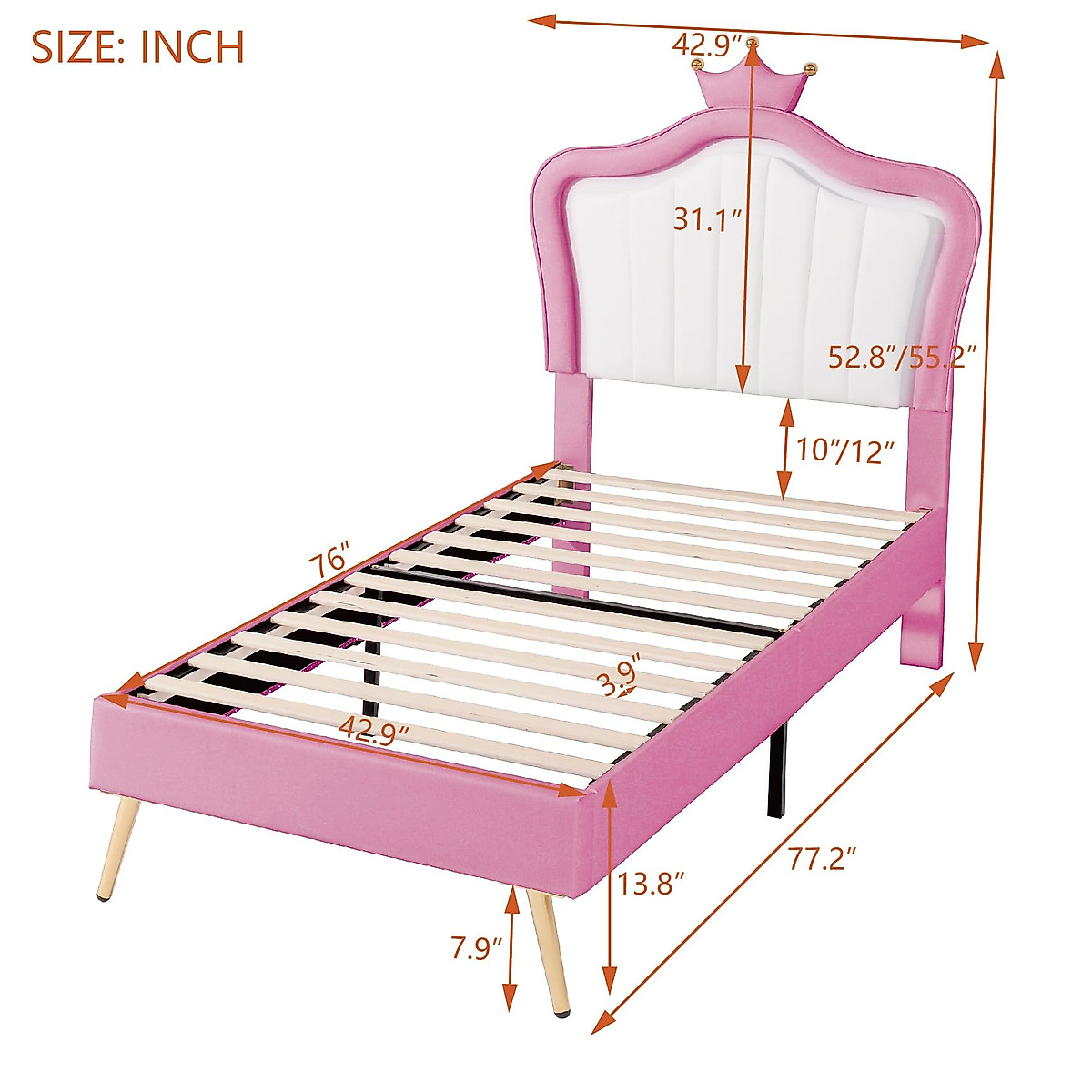 Bekeknlny Modern Upholstered Princess Bed with Crown Headboard and LED Lights,Twin Size PU Upholstered Bed Frame for Kids Boys Girls Bedroom (White+Pink/PU, Twin)