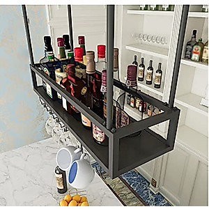 DICKIS Hanging Wine Rack with Glass Holder and Shelf, Adjustable Height and Width Metal Ceiling Bar Wine Glass Rack, Industrial Wall Mounted Wine and Glass Rack (Color : Black, Size : 100x25x21cm)