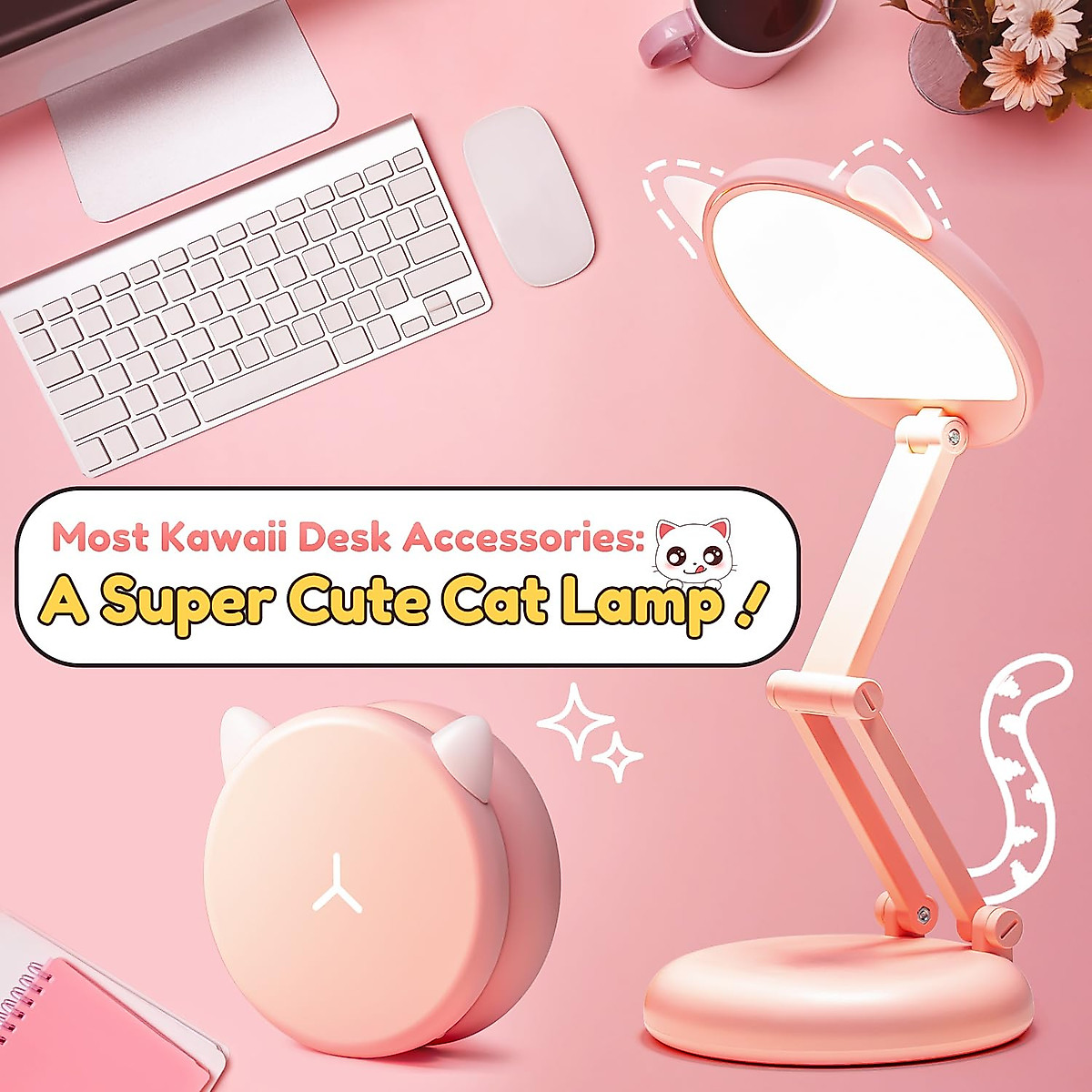 One Fire Cute Desk Lamp Pink Lamp Kawaii Desk Accessories, 8 Brightness Cute Lamp Cat Lamp Kawaii Accessories, Foldable & Portable Pink Cute Desk Accessories Kawaii Room Decor,Kawaii Stuff Cute Things
