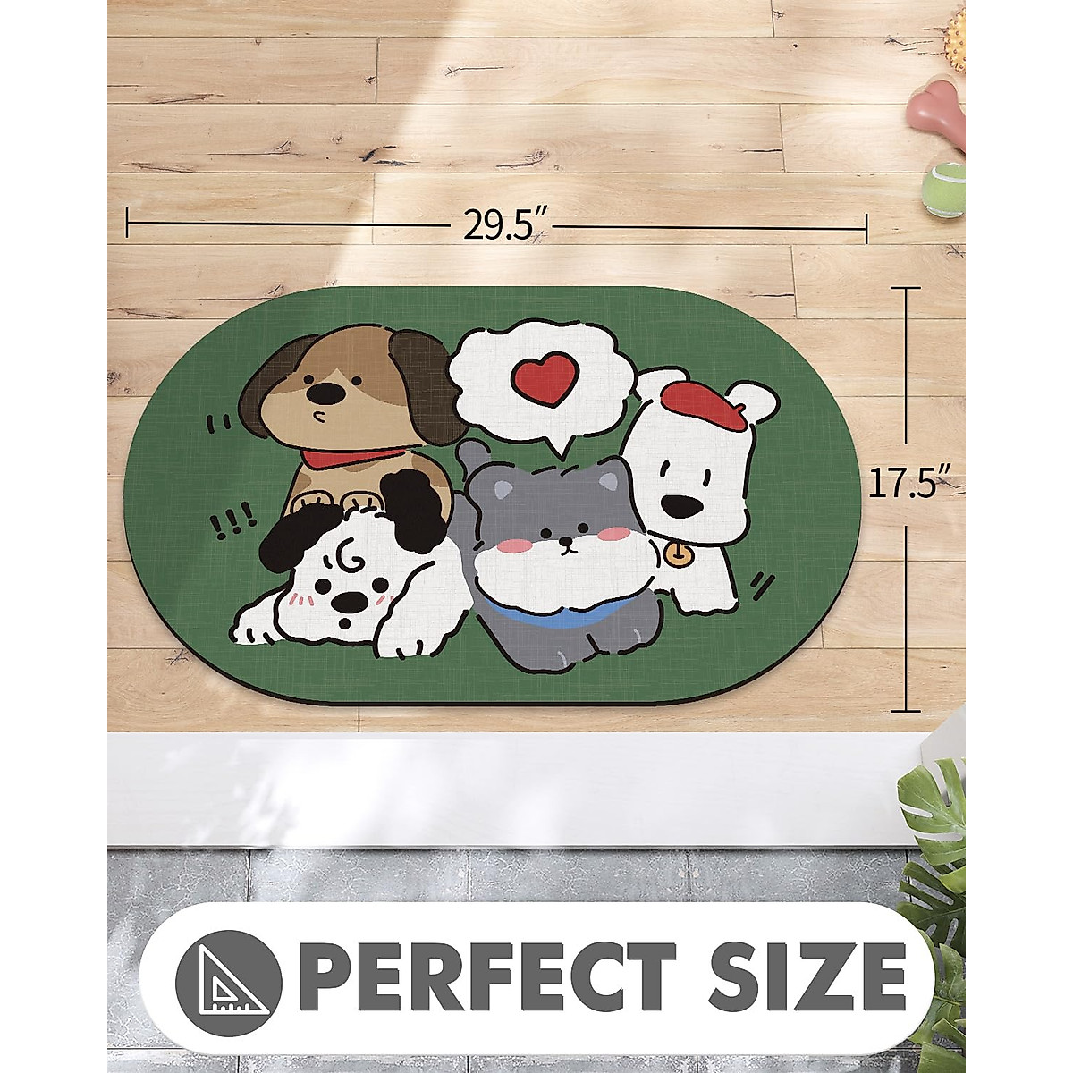 LUMI Adorable Flat Door Mat, Ultra-Thin, Absorbent, Non-Slip, Perfect for Kids' Spaces and Play Areas with Lovable Animal Prints, 17.5"x29.5", Four Dogs