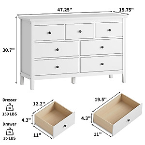 CARPETNAL White Dresser for Bedroom, 7 Drawer Dresser with Wide Drawers and Metal Handles, Woode Dressers & Chests of Drawers for Hallyway, Entryway.