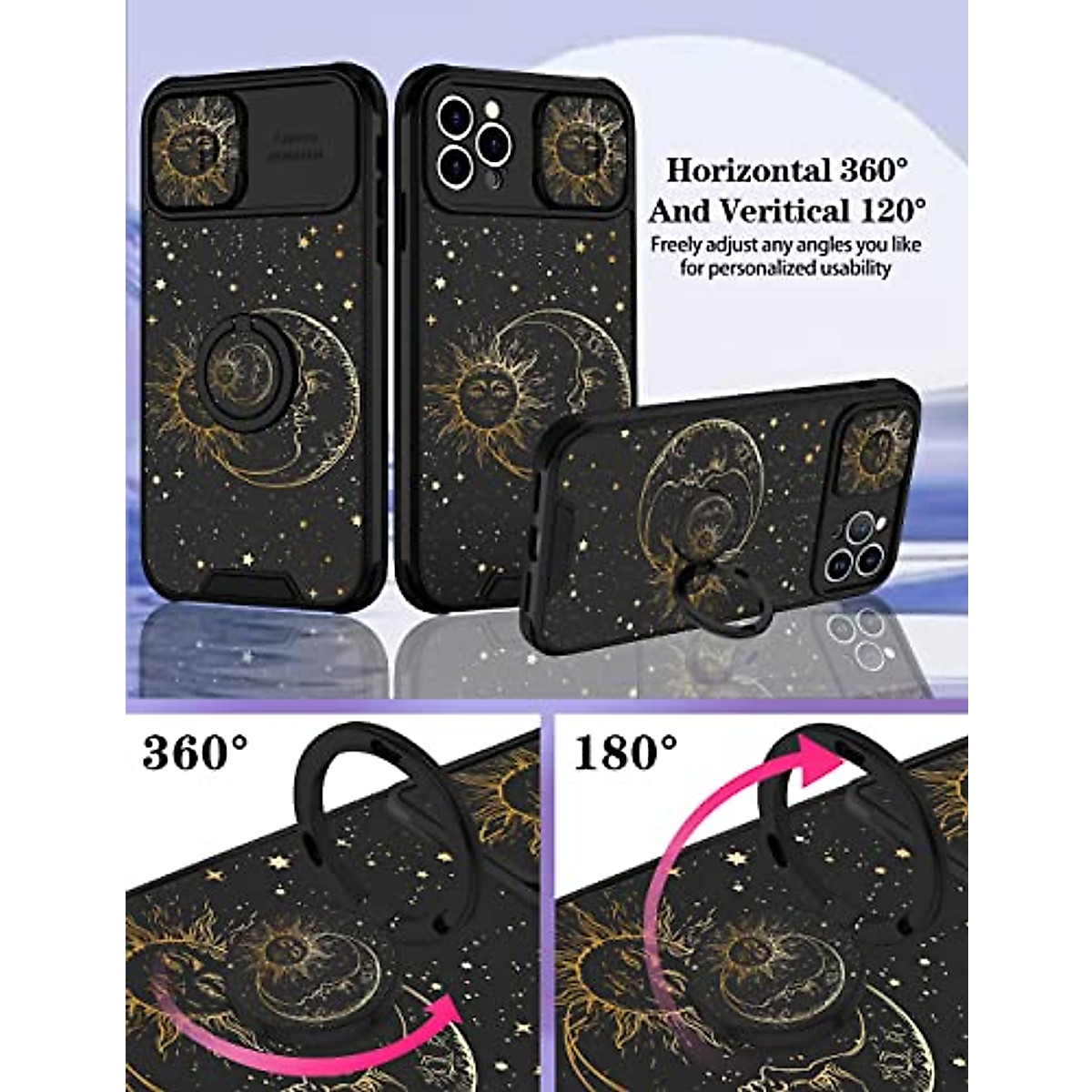 Goocrux (2in1 for iPhone 12 Pro Max Case Sun Moon Stars for Women Girls Cute Space Phone Cover Fashion Golden Star Print Design with Slide Camera Cover+Ring Holder Cases for iPhone 12 ProMax 6.7''