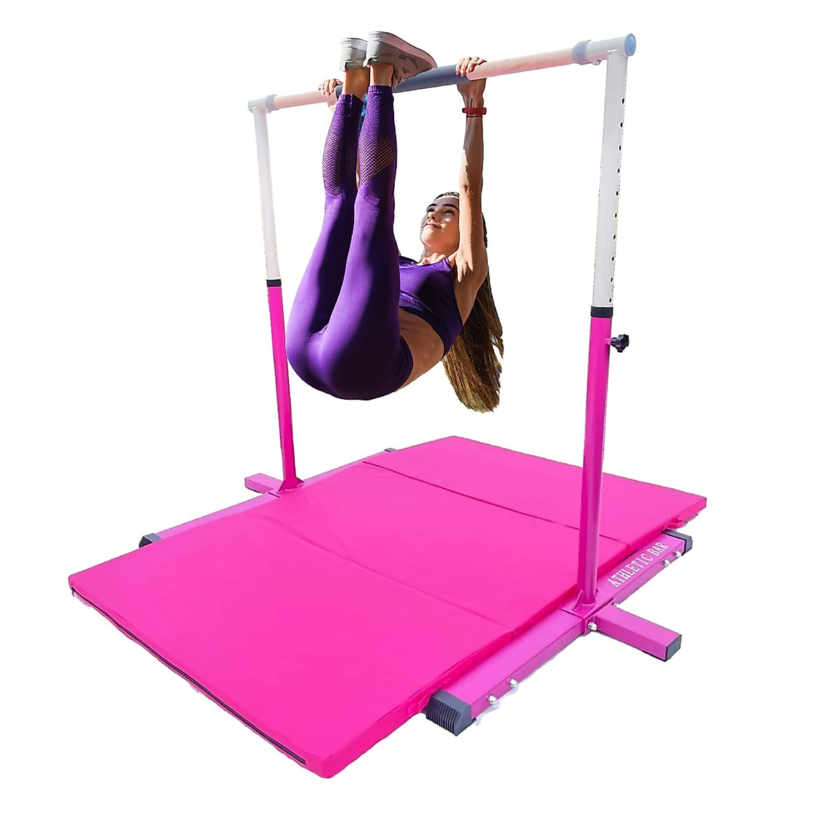 XDance Gymnastics Bar Kip Bar for Kids 3 in 1 Set with Adjustable Balance Tube, 6'x4' Tumble Mat, Expandable Height 3 to 5 FT Horizontal Bar Junior Gymnast Gymnastic Bar Asymmetric Bar Pink