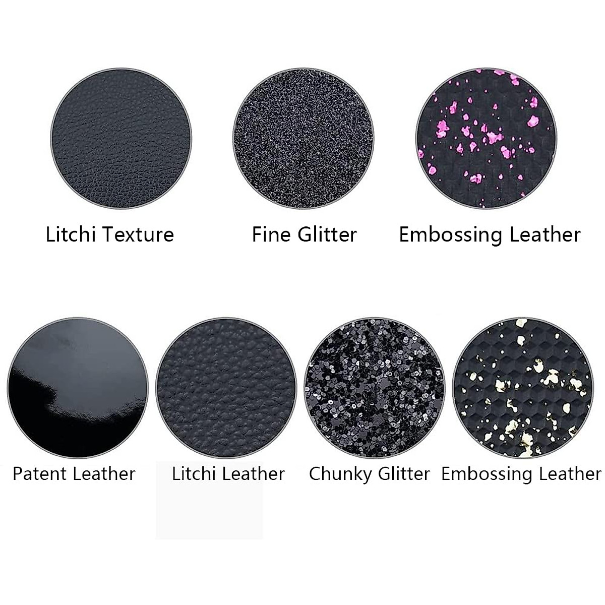 7 Pieces/Set 8x12 Inch (21cm x 30cm) A4 Bundle Leather Sheets Mixed Black Series Fine Chunky Glitter Litchi Patent Embossing Faux Leather Fabric for Bow Earring Making DIY Craft