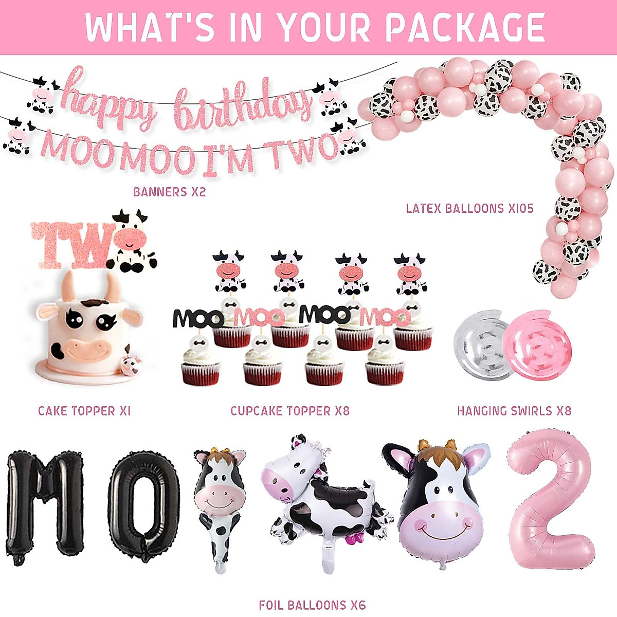 134 PCs Moo Moo I’m Two Birthday Decorations, Fiesec Cow 2nd Birthday Party Supplies for Girls Hanging Swirl Balloon Garland Arch Glitter Banner Cake Cupcake Topper Cow Print Pink White Black