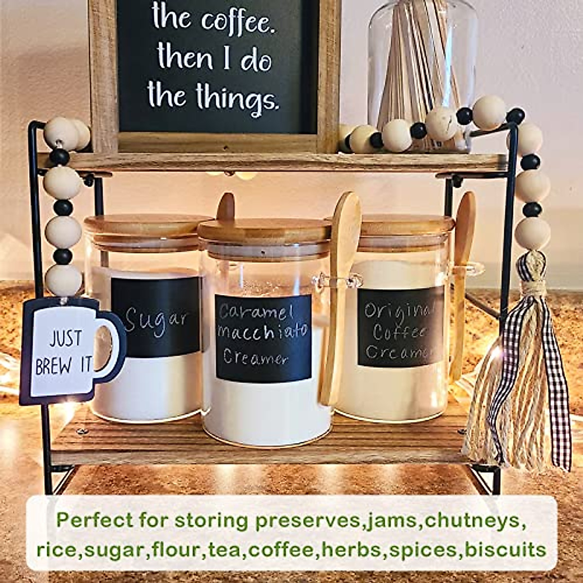 Set of 4 Airtight Glass Jars with Bamboo Lids and Spoons - 20oz Decorative and Durable Borosilicate Glass Canisters Perfect for Storing Coffee Beans,Tea,Flour,Sugar,Nuts,Candy,Bath Salts and More