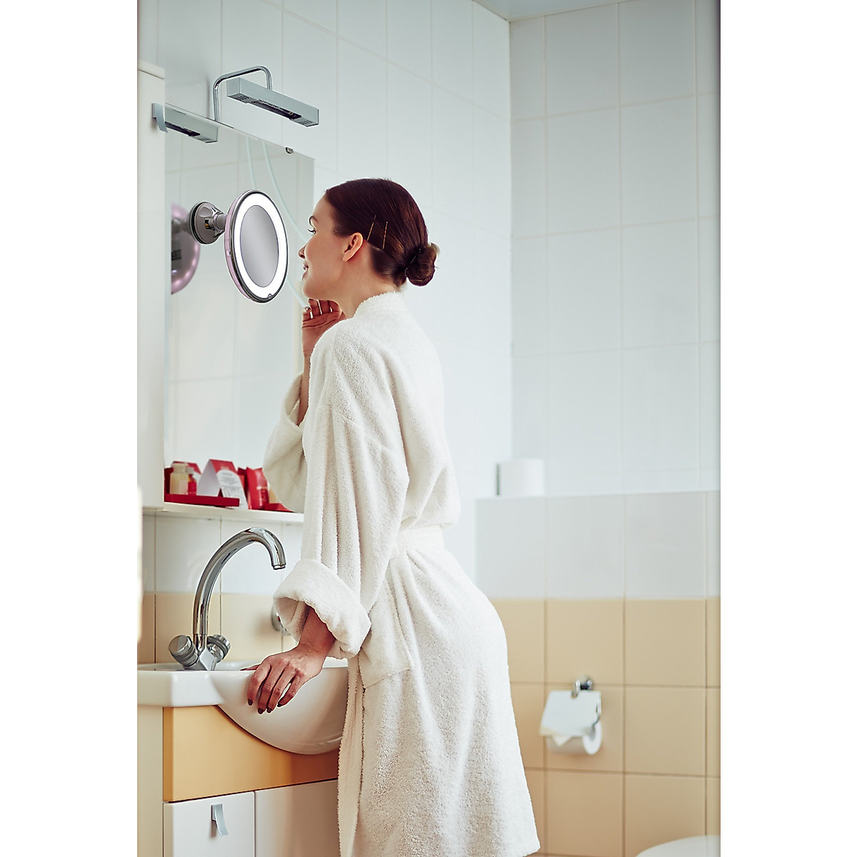 JiBen LED Lighted 10X Magnifying Makeup Mirror with Power Locking Suction Cup, Bright Diffused Light and 360 Degree Rotating Adjustable Arm, Portable Cordless Home and Travel Bathroom Vanity Mirror