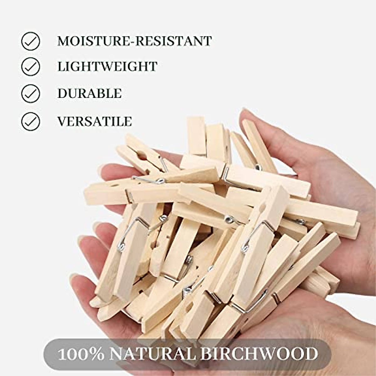 Clothes Pins Wooden Clothespins, 50 PCS 2.9" Natural Birchwood Clothing Pins, Strong Springs Wood Close Pins with Storage Bag, Wooden Clothespins for Laundry, Hanging Clothes, Classroom, Crafts