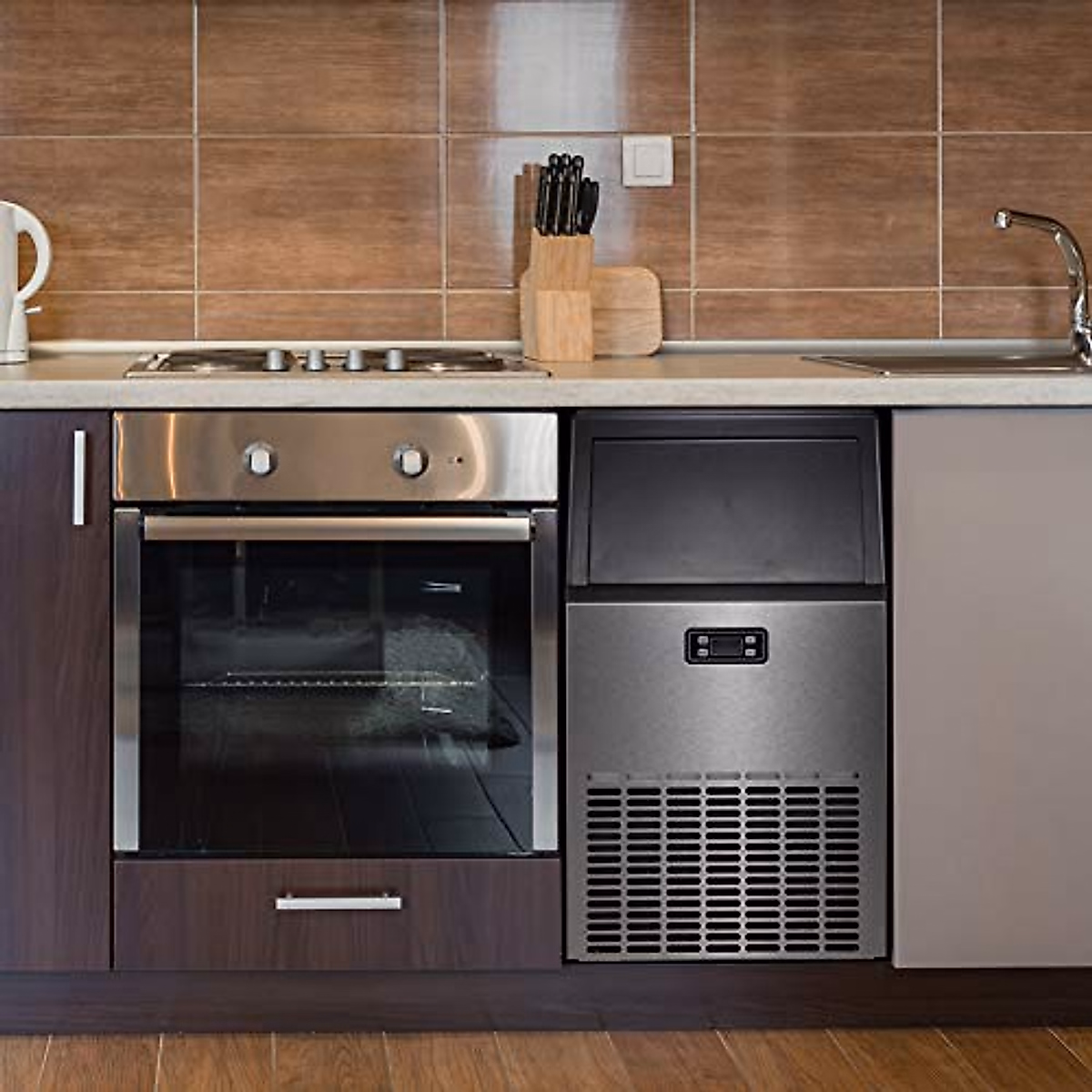 Kismile Commercial Ice Maker, Freestanding Square Ice Cube Maker 100lbs/24h, 28lbs Storage Bin, Full Heavy Duty Stainless Steel Construction, Ice Maker Machine for Home Bar