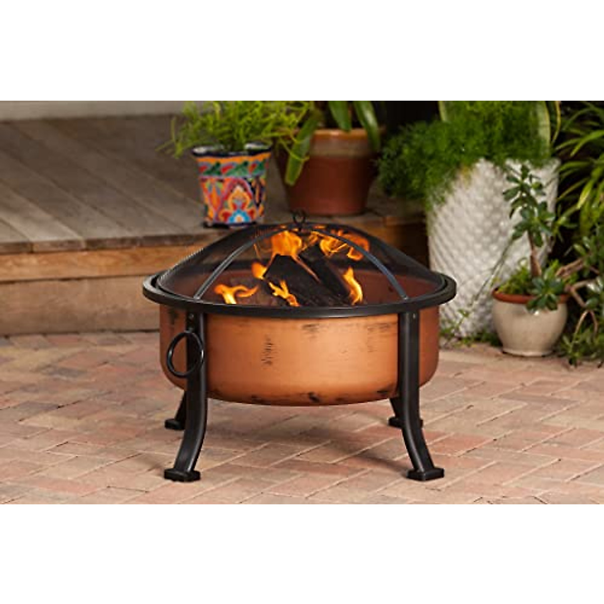 Fire Sense 62342 Lumina Round Wood Burning Fire Pit Copper Finish Steel Fire Bowl Mesh Spark Screen & Screen Lift Tool Included Lightweight Portable Patio & Outdoor Heater - Round - 24" Diameter