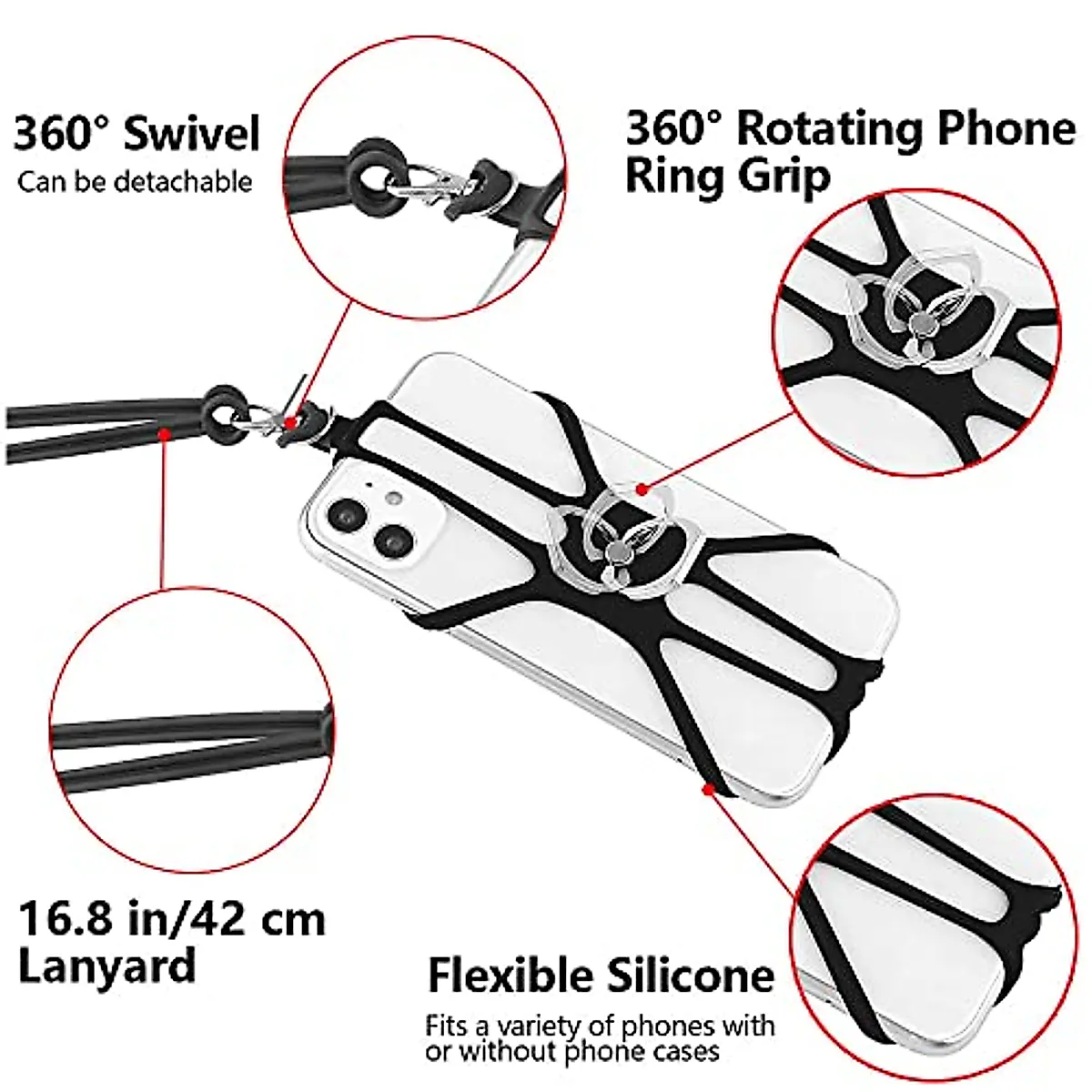 Kinizuxi 2 Pcs Cell Phone Lanyard Crossbody with Adjustable Neck Strap and Phone Ring Grip,Universal Smartphone Lanyard for iPhone Lanyards for Around The Neck Compatible with Most Smartphones